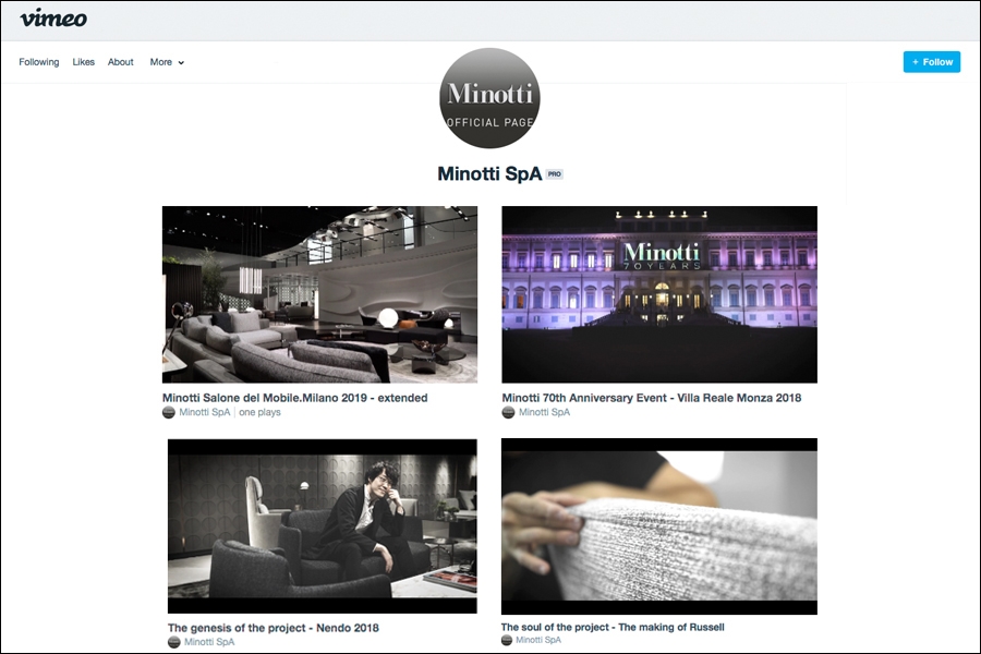 Minotti opens its own official Vimeo channel